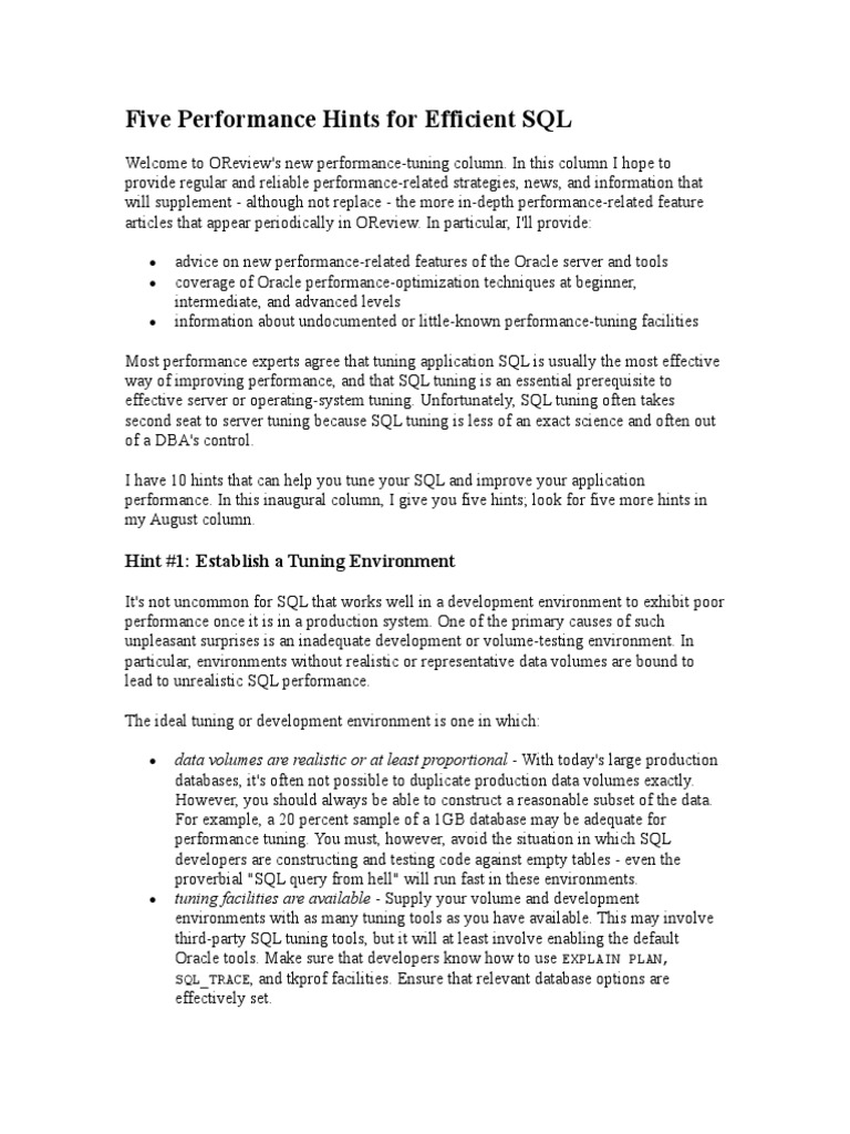 Five Performance Hints For Efficient SQL | PDF | Database Index | Oracle Database