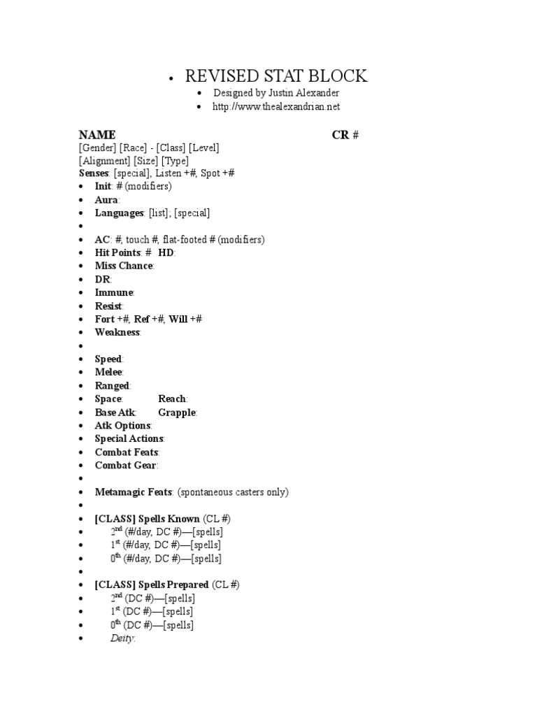 Revised Stat Block: Name CR# | PDF | Dungeons & Dragons | Leisure