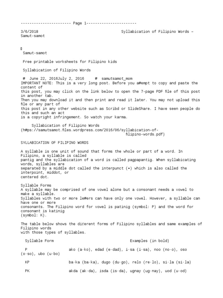 Syllabication of Filipino Words - Samut-Samot | PDF | Syllable | Phonology