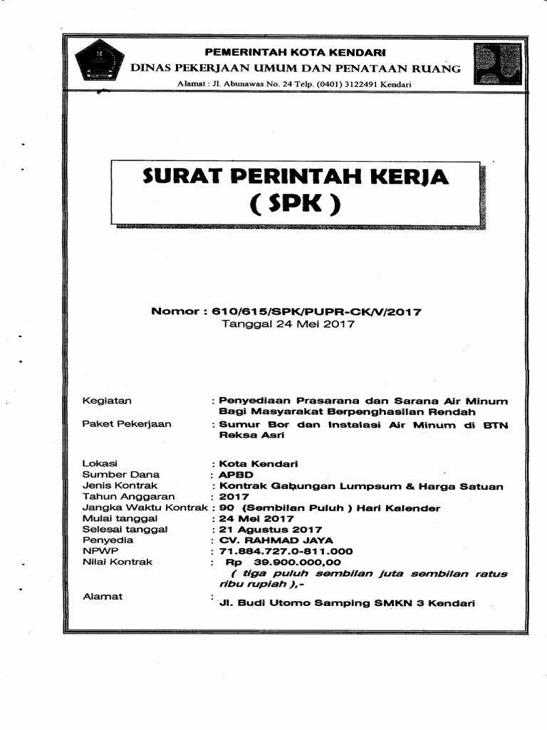 SPK Sumur Gali Dan Instalasi Air Minum Di BTN Reksa Asri (CV. RAHMAD JAYA) | PDF