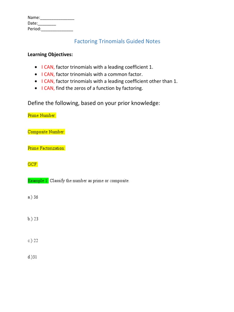 Factoring Trinomials Guided Notes | PDF | Factorization | Abstract Algebra