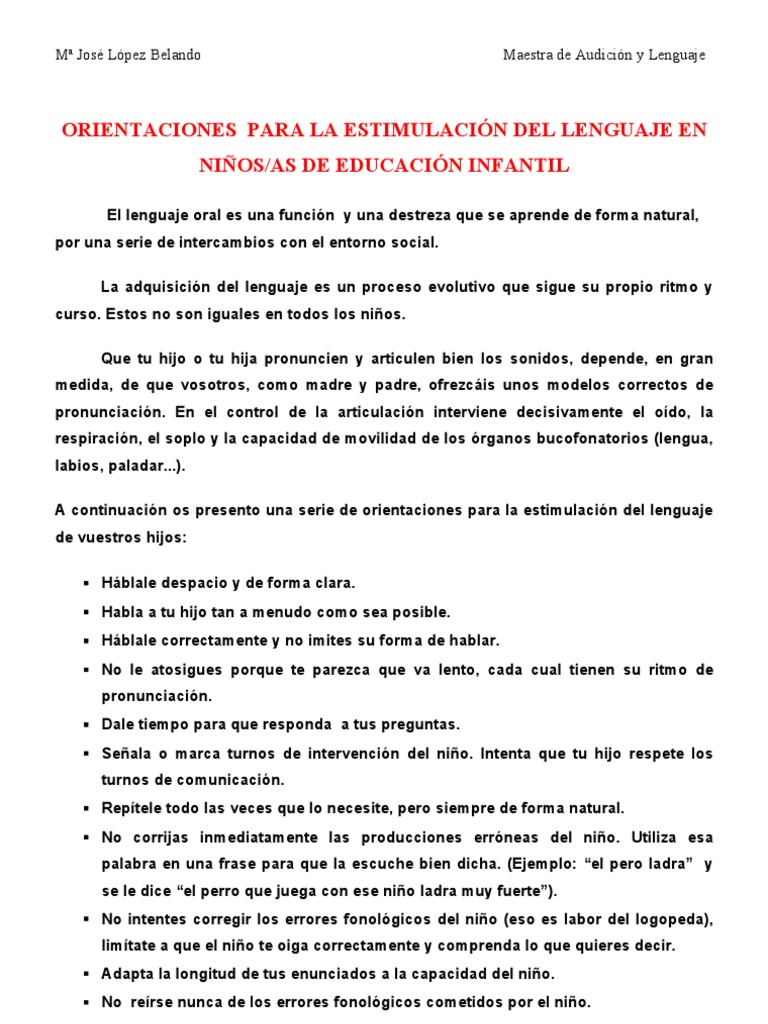 Orientaciones para Padres de Infantil Sobre Estimulación Del Lenguaje ...