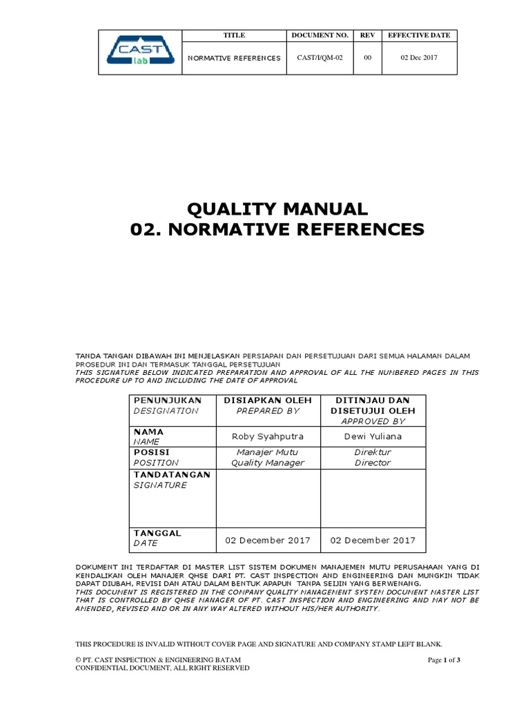 Quality Manual 02. Normative References: Title Document No. REV ...