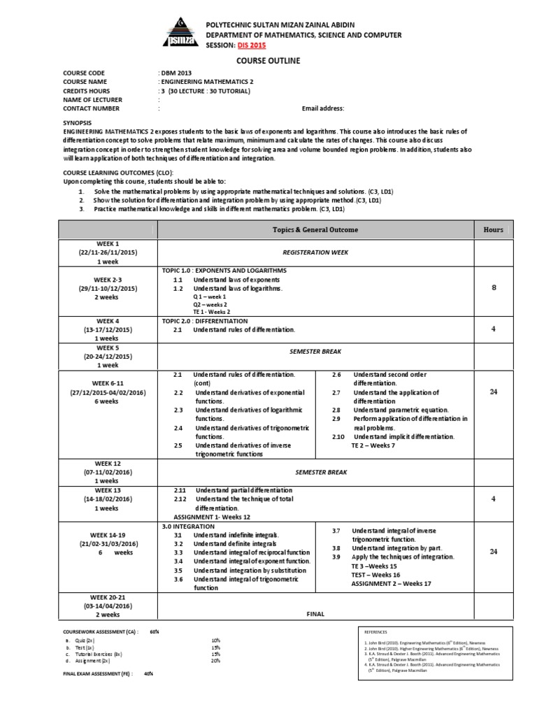 Course Outline DBM 2013 Dis 2015 | PDF | Integral | Derivative