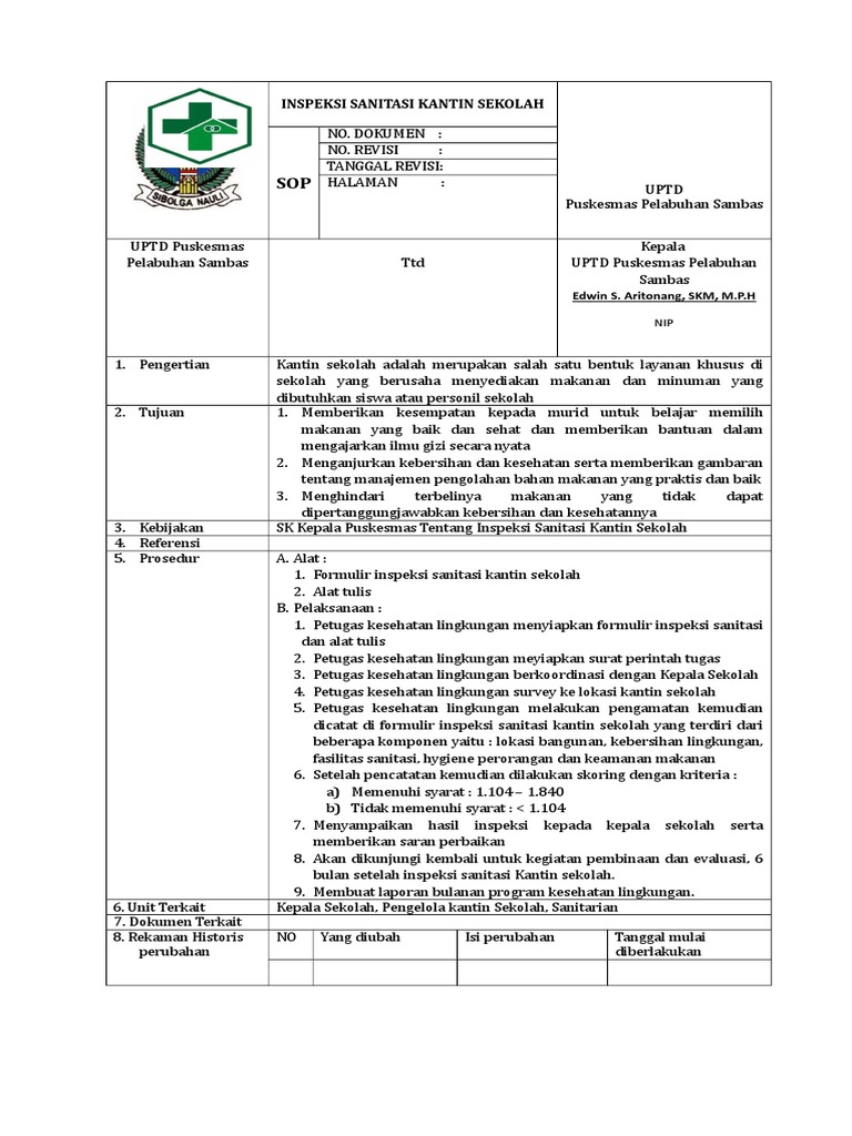 Sop Inspeksi Sanitasi Kantin Sekolah | PDF