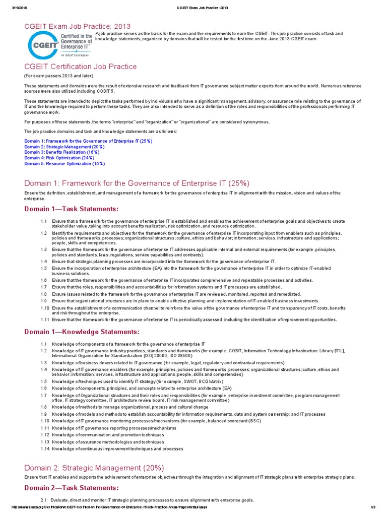 CGEIT Exam Job Practice - 2013 | PDF | Risk Management | Enterprise ...