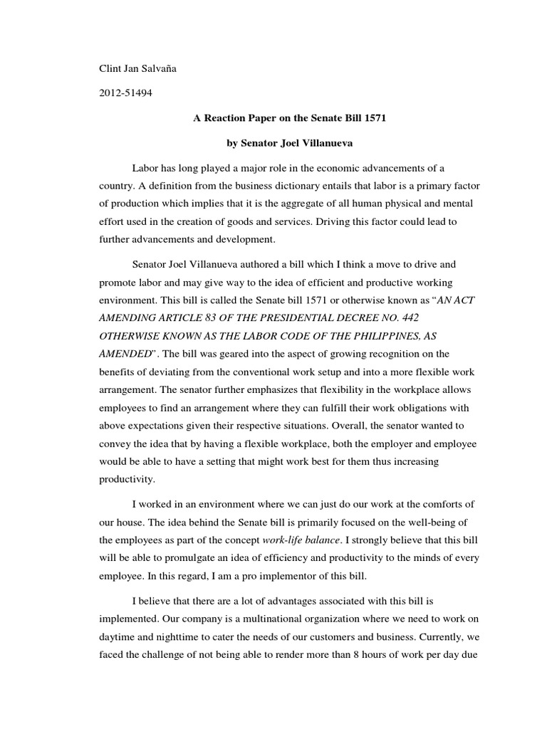 A Reaction Paper On The Senate Bill 1571 by Senator Joel Villanueva ...