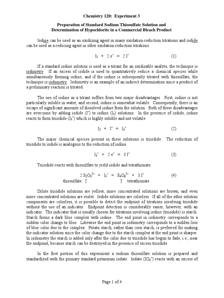 Chemistry 120: Experiment 3 Preparation of Standard Sodium Thiosulfate ...
