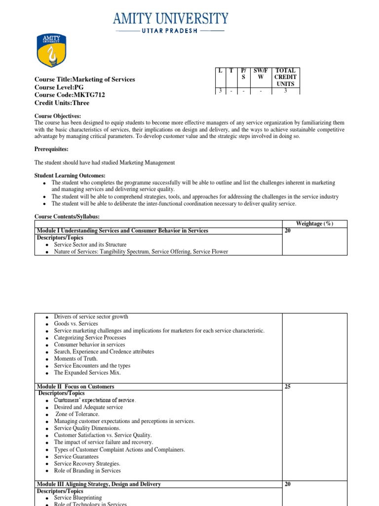 Course Title:Marketing of Services Course Level:PG Course Code:MKTG712 ...