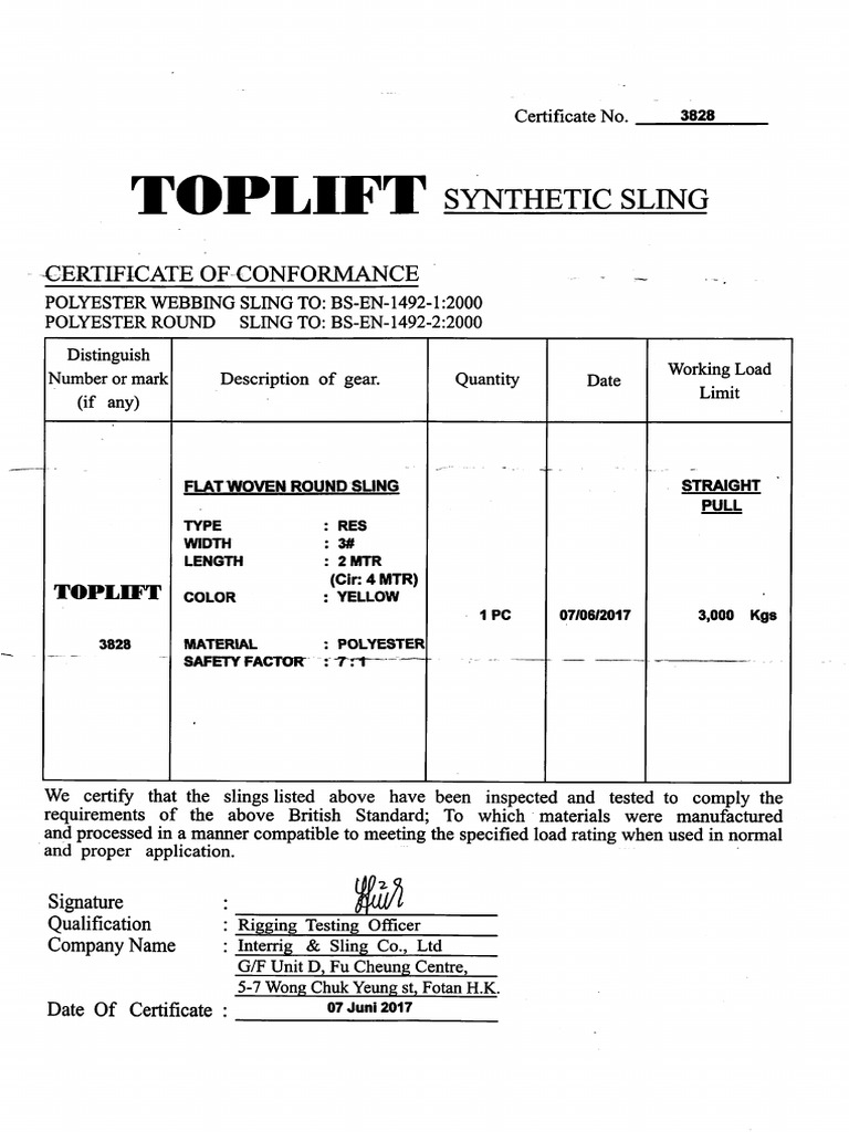 Sertifikat Round Sling | PDF