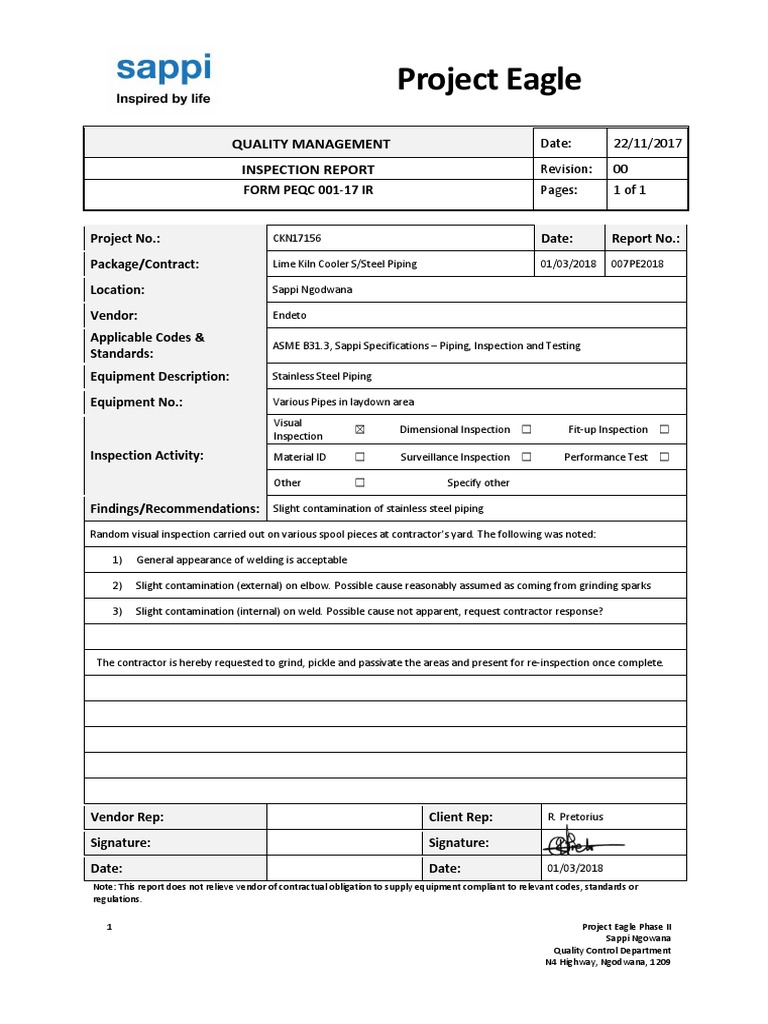 Inspection Report 008PE2018 endeto | Pipe (Fluid Conveyance ...