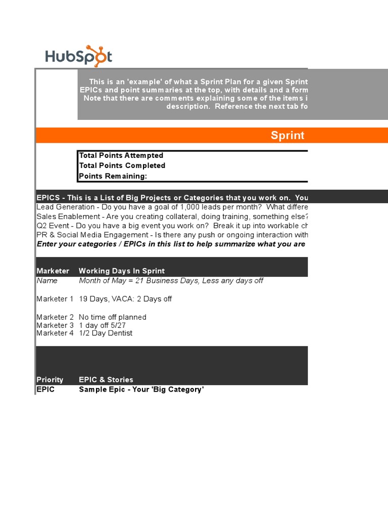 Sample Sprint Template by HubSpot | Scrum (Software Development ...