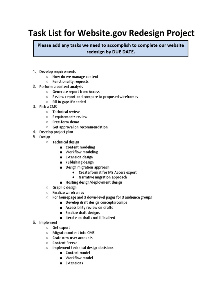 Task List For Website Redesign | PDF