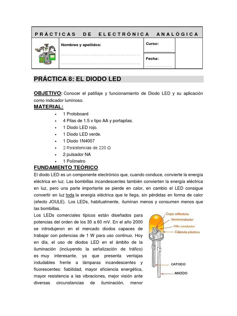 Práctica de Electrónica: Diodo LED | PDF | Diodo emisor de luz | Diodo