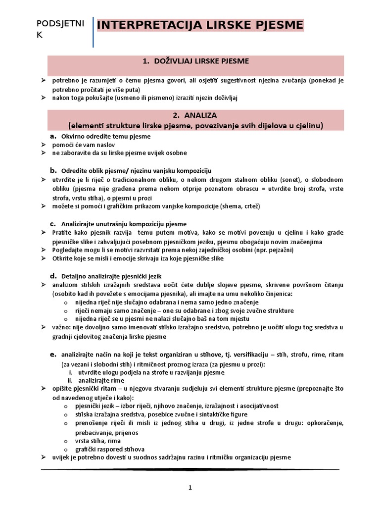 Interpretacija Lirske Pjesme Podsjetnik | PDF