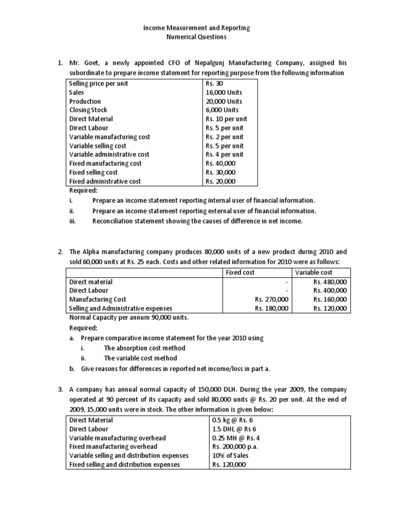 Income Statement Numerical Questions | Income Statement | Cost Of Goods ...
