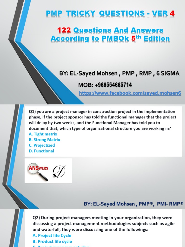 122 PMP Tricky Questions-Sayed Mohsen | PDF | Project Management Professional | Business