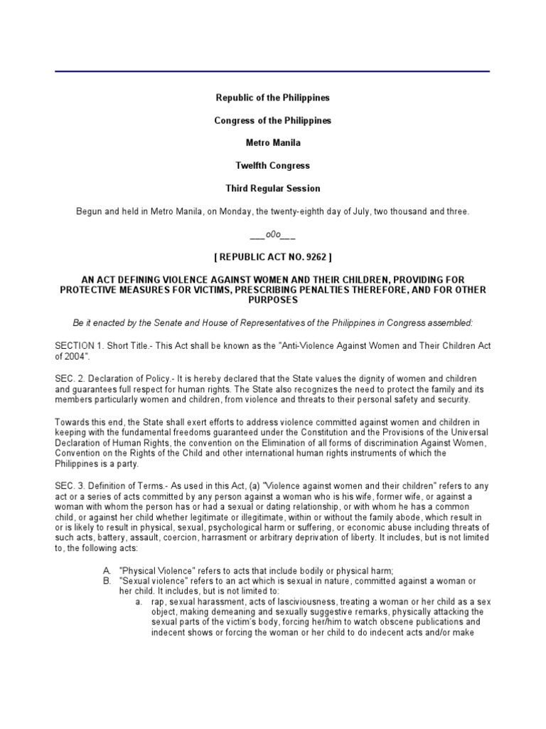 Ra 9262 | PDF | Restraining Order | Domestic Violence