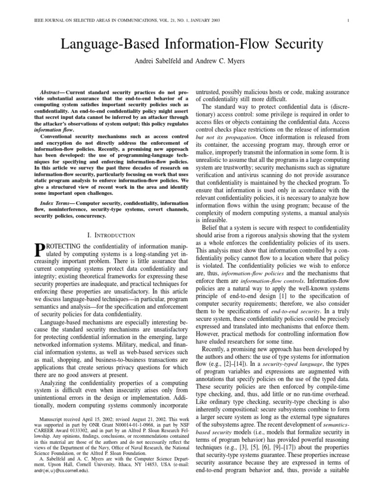 Language-Based Information-Flow Security: Andrei Sabelfeld and Andrew C. Myers | PDF | Computer ...