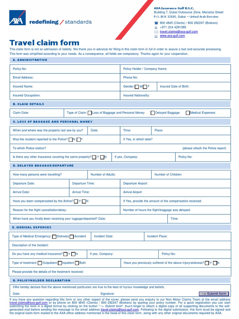 Axa Travel Claims Form Uae 1.1 | PDF | Baggage | Insurance