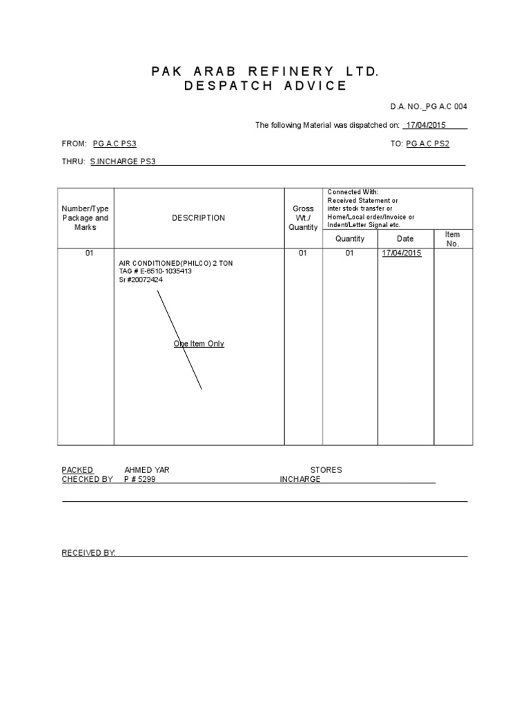 Pak Arab Refinery Ltd. Despatch Advice | PDF