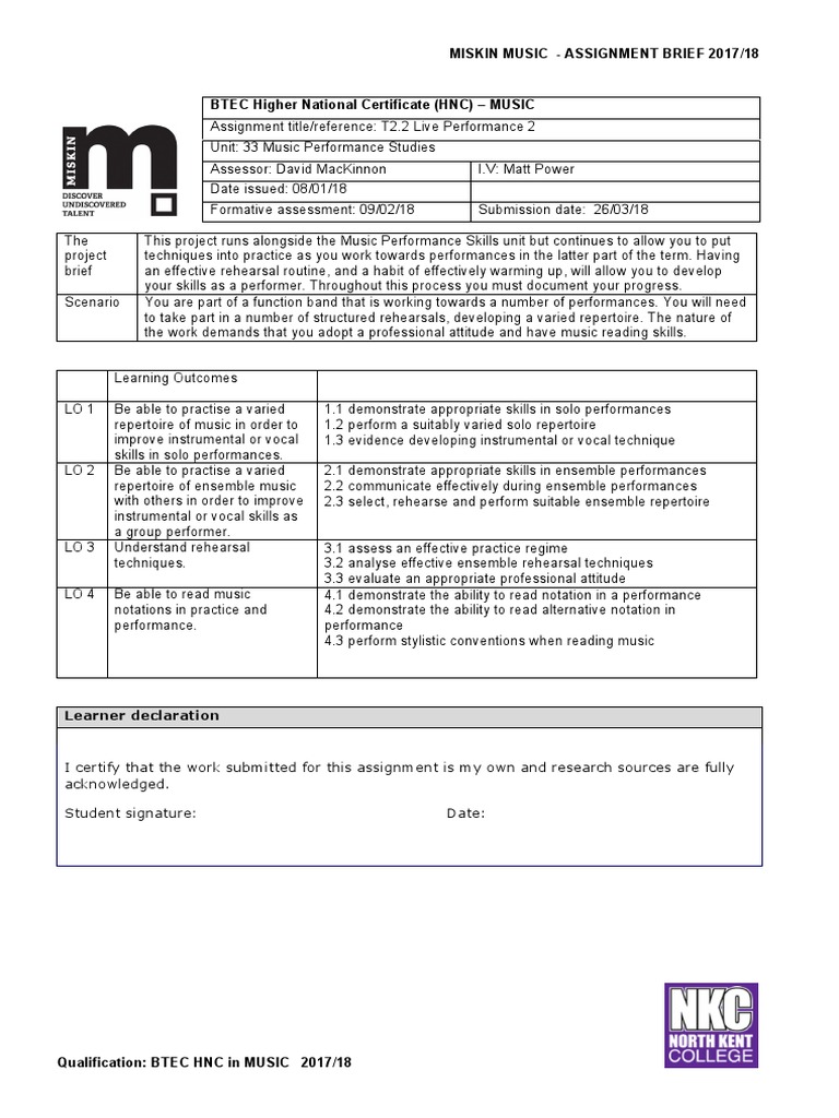 BTEC HNC Unit 33 Brief Music Performance Studies | PDF | Creativity ...