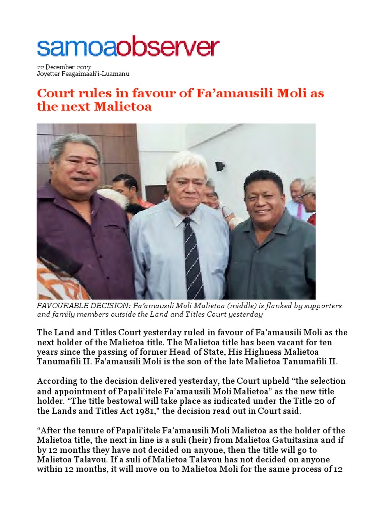 Samoa - Court Rules in Favour of Moli As Next Malietoa Identifying A ...