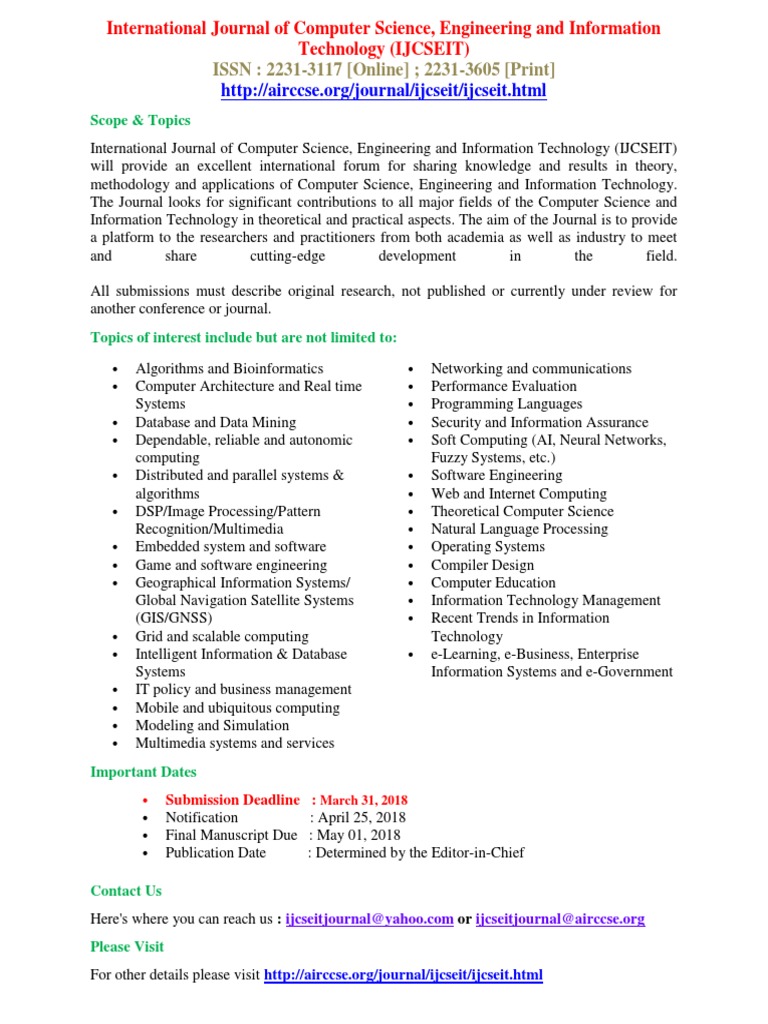 ISSN: 2231-3117 (Online) 2231-3605 (Print) | Download Free PDF | Computer Science | Information ...