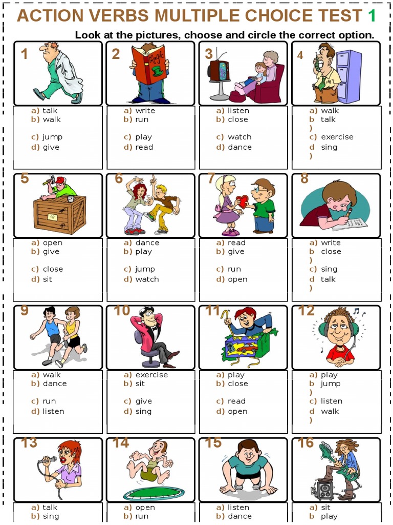 Action Verbs Vocabulary Esl Multiple Choice Tests for Kids | Multiple ...
