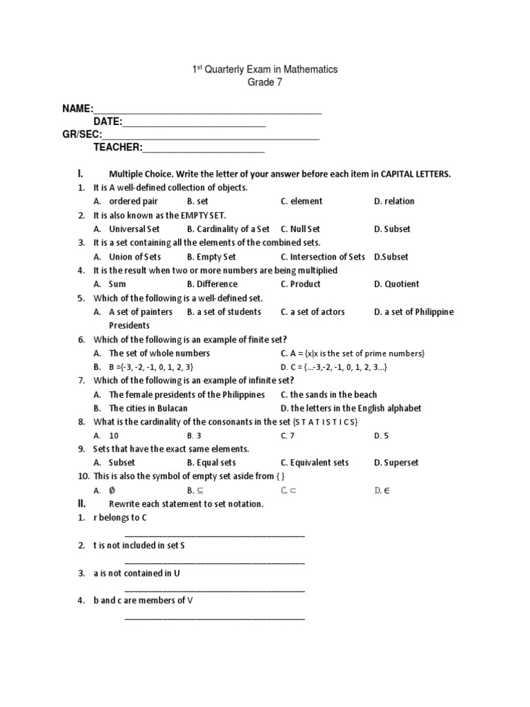Grade 7 Math 1st Quarter Exam | PDF | Empty Set | Set (Mathematics)