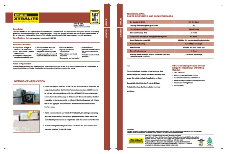 Ultratech TDS Leaflet - XTRALITE | PDF | Building Materials | Masonry