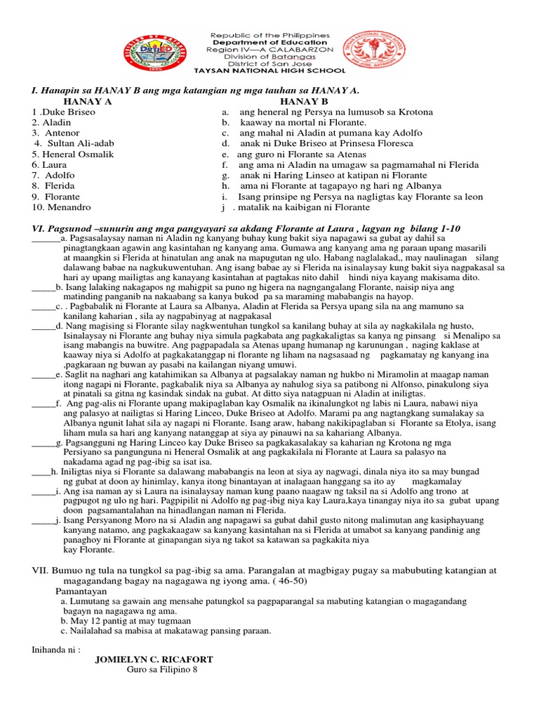 Long Test in Florante at Laura | PDF