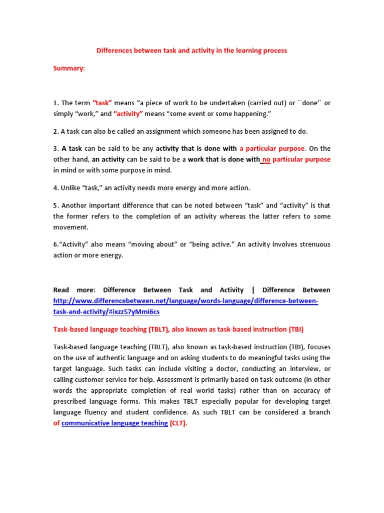 Differences Between Task And Activity In The Learning Process Pdf