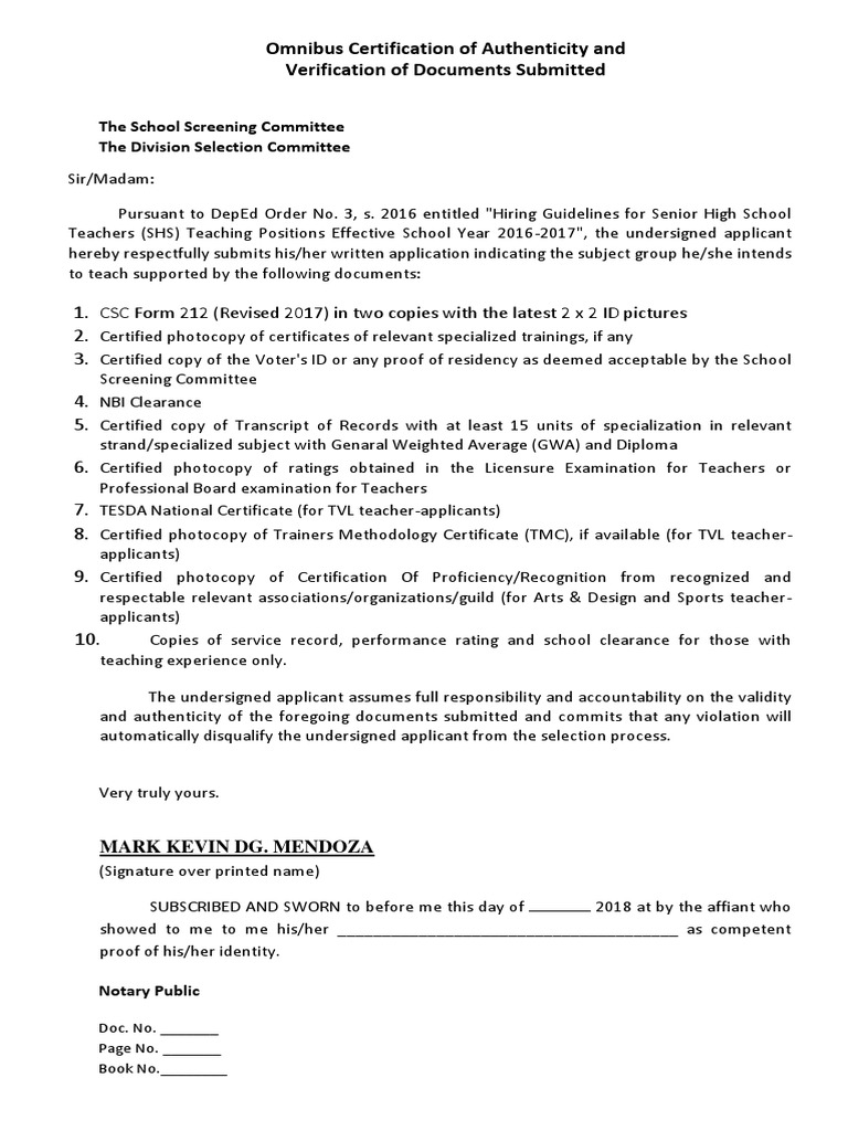 Omnibus Certification of Authenticity and Verification SHS | PDF