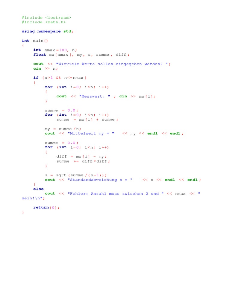 Main Nmax N MW Nmax My S Summe Diff: Using Namespace Int | PDF | Teaching Methods & Materials ...