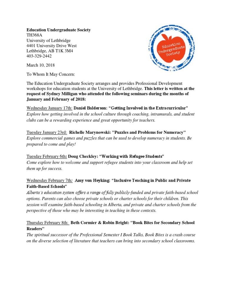 Reference Letter Eus | PDF | Schools | Behavior Modification