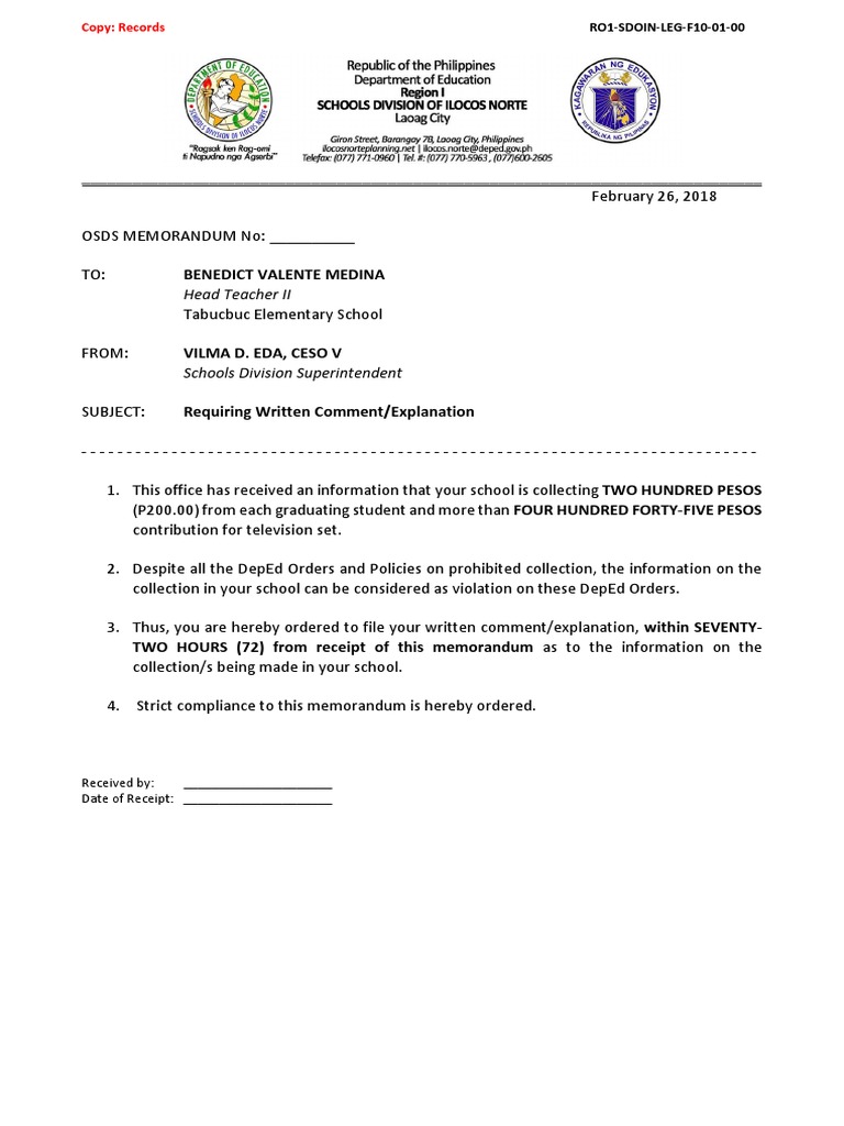 OSDS MEMO Collection. Tabucbuc.2018 | PDF