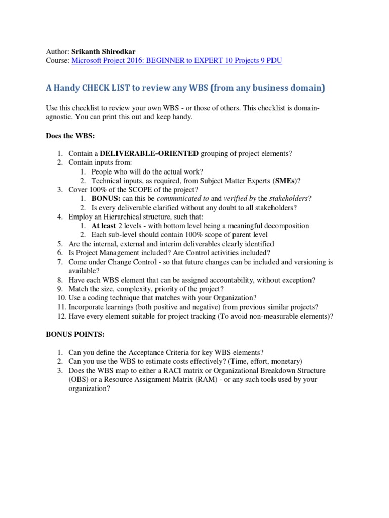 WBS Checklist for Project Managers | PDF | Business