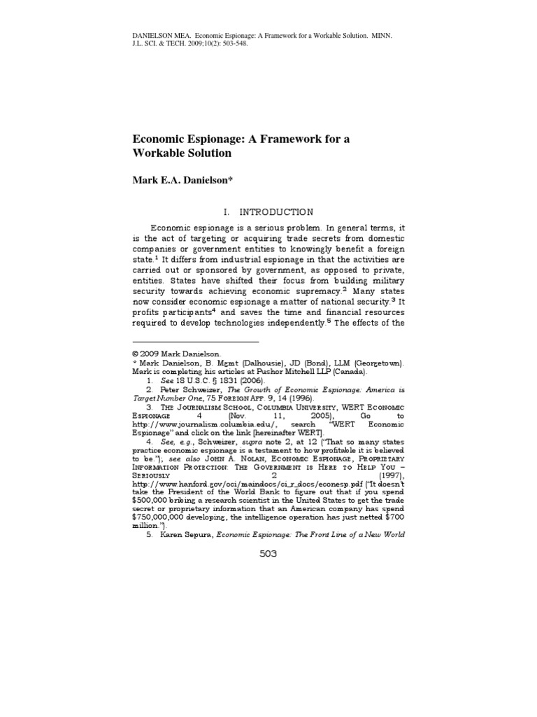 Economic Espionage: A Framework For A Workable Solution: Mark E.A ...