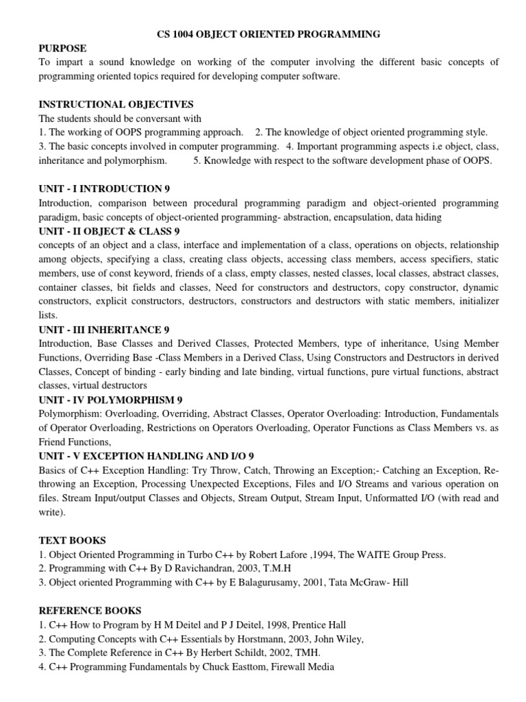 Cs 1004 Oops Syllabus | PDF | C++ | Class (Computer Programming)