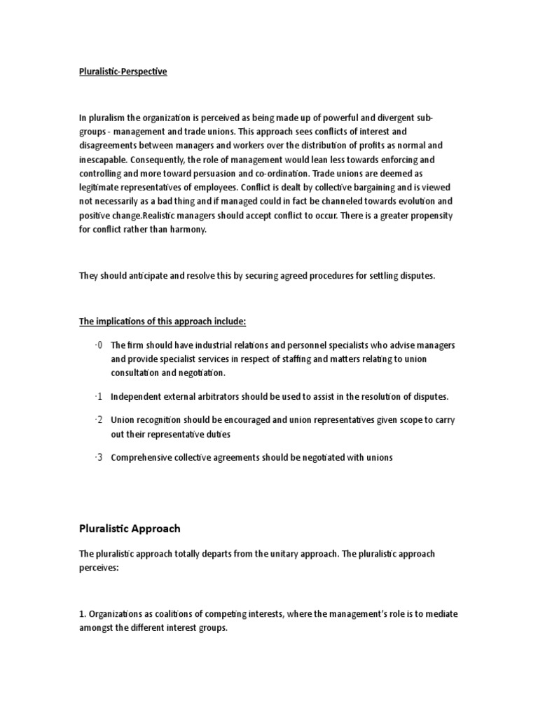 Pluralistic Perspective | PDF | Industrial Relations | Trade Union