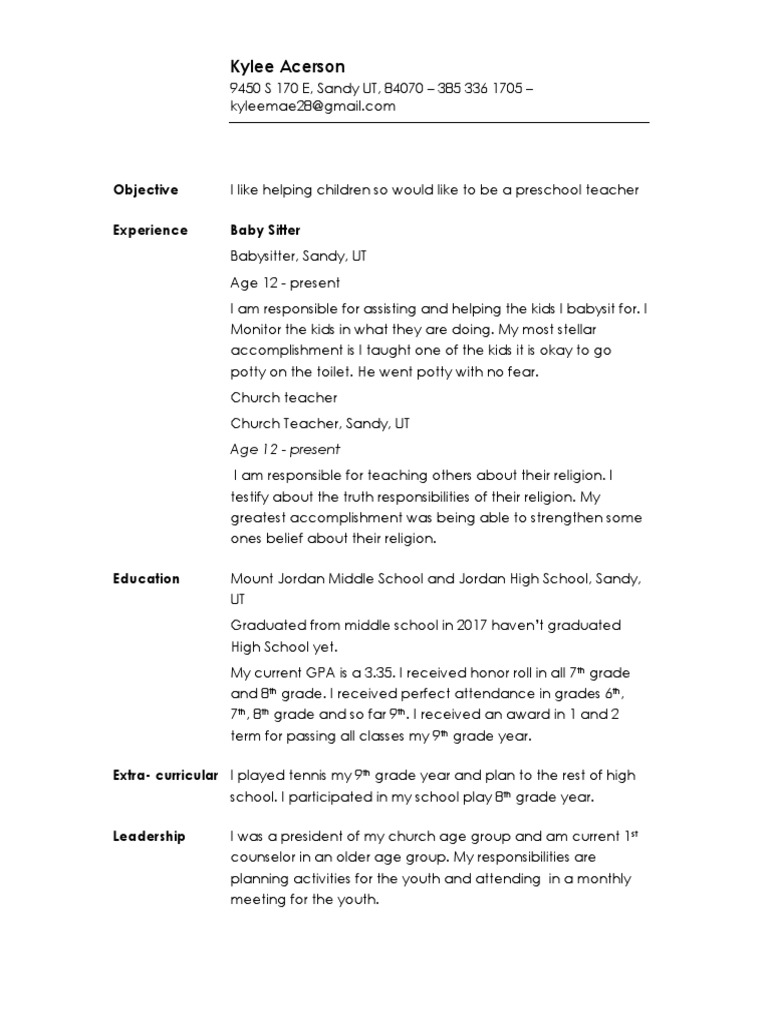 Preschool Teacher Resume of Kylee Acerson | PDF | Wellness