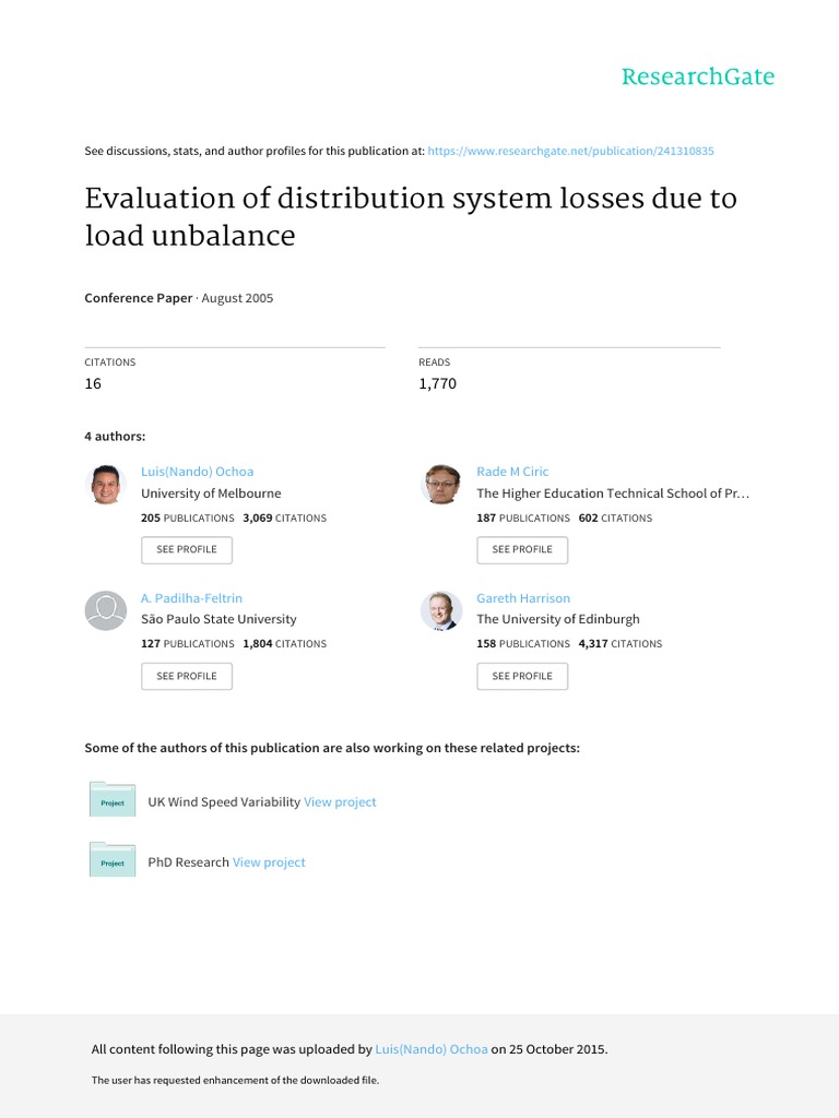 Evaluation Of Distribution System Losses Due To Load Unbalance Pdf Electric Power