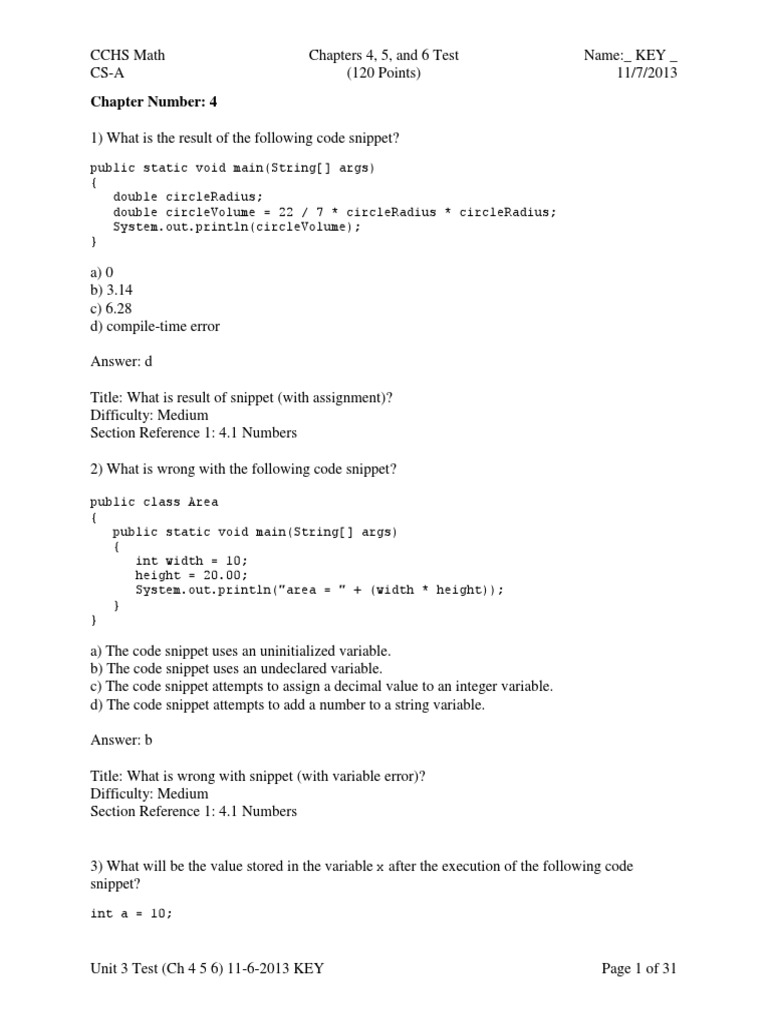 Unit 3 Test (CH 4 5 6) 11-6-2013 KEY | PDF | C (Programming Language ...
