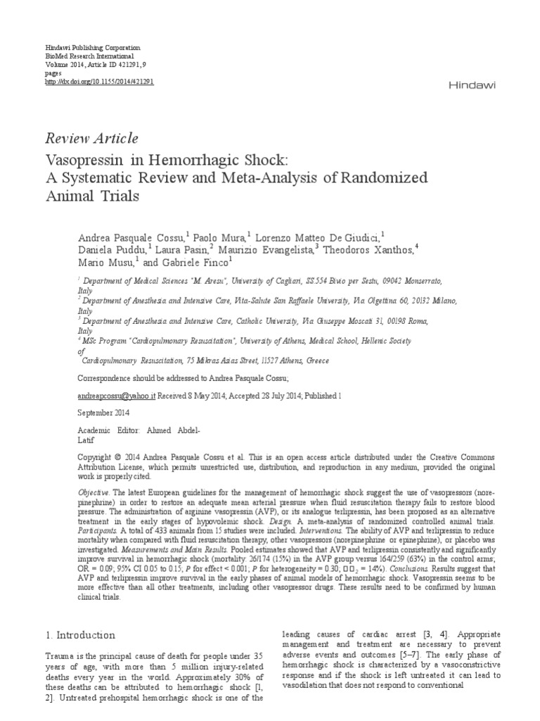 Review Article: Vasopressin in Hemorrhagic Shock: A Systematic Review and Meta-Analysis of ...