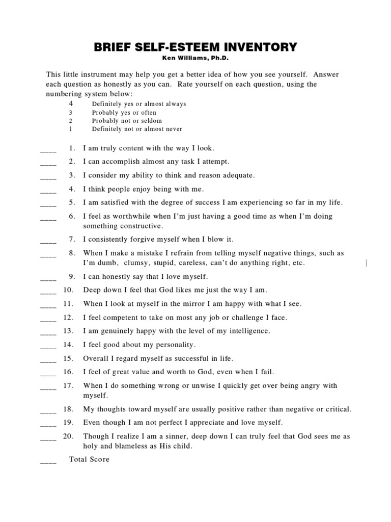Ken Williams, Ph.D. Self-Esteem Inventory | PDF | Forgiveness ...
