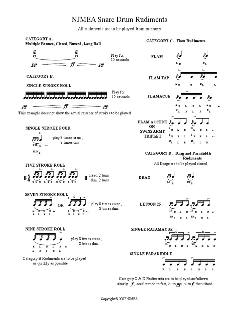 NJMEA Snare Drum Rudiments: All Rudiments Are To Be Played From Memory ...