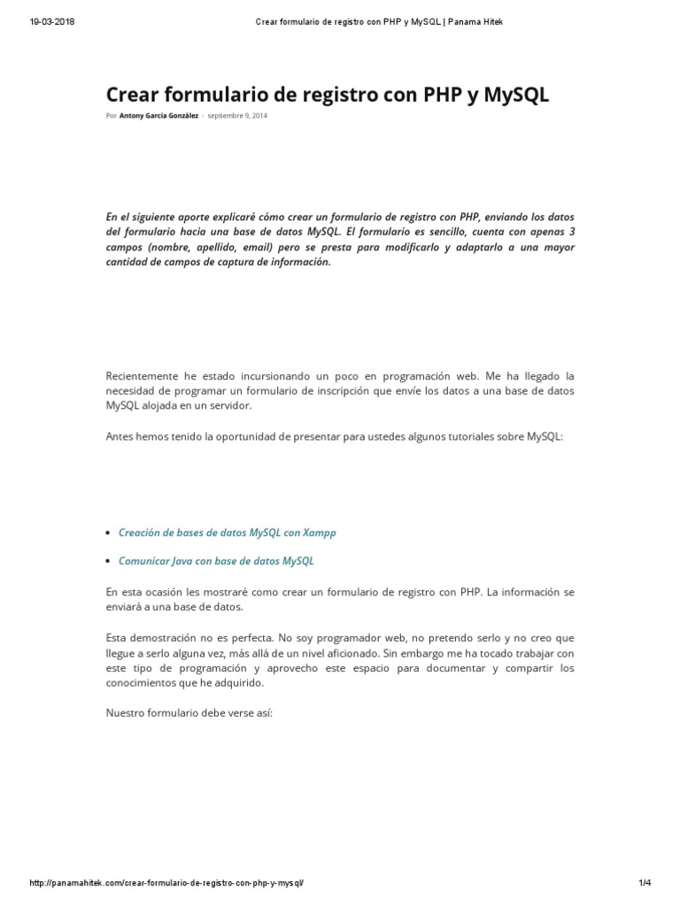 Crear Formulario de Registro Con PHP y MySQL PDF | PDF | Mi sql | Php Crear Formulario de Registro Con PHP y MySQL PDF | PDF | Mi sql | Php