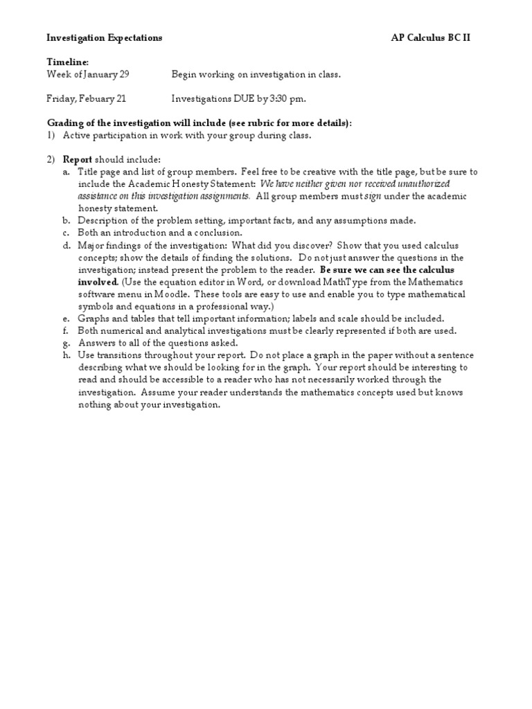 2018 Cal II Investigation Expectations | PDF | Calculus | Question