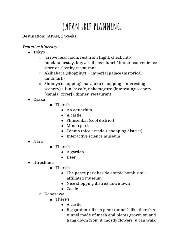 Japan Trip Planning: Tentative Itinerary | PDF | Business